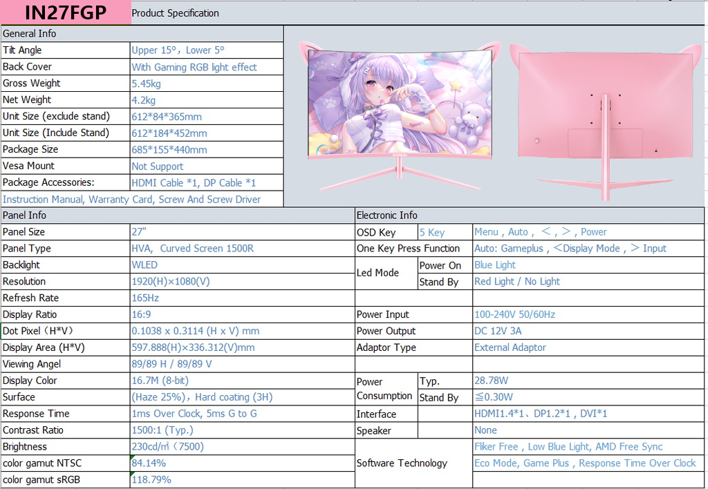 Nvision 27" Pink Curved Gaming Monitor 180HZ 1ms FHD 1800R FreeSync, G ...