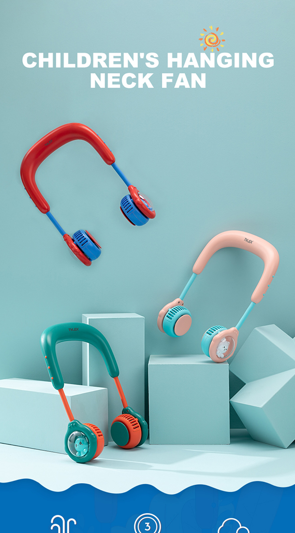 Tylex XM26 Children's Mini Neck Fan Hands Free Lightweight 3 Gear Speed ...