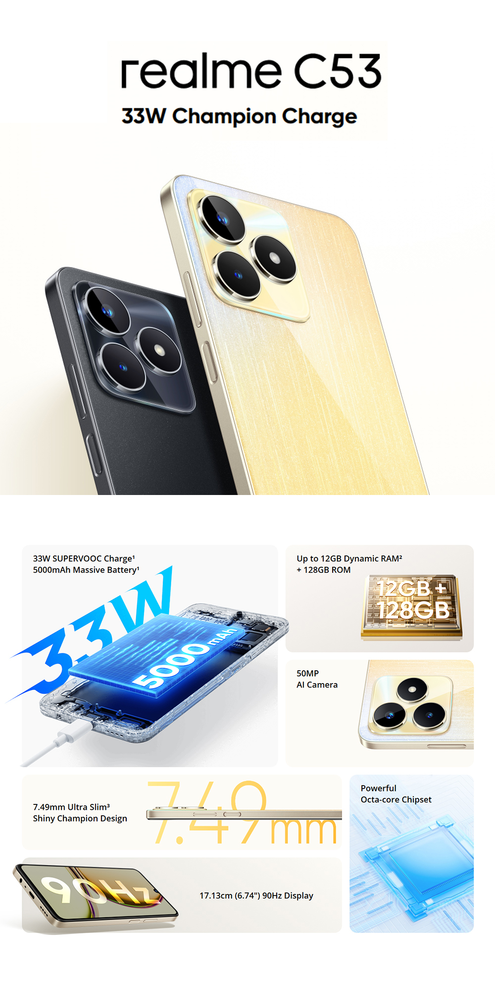 Realme C53 Smartphone 6GB+128GB / 8GB+256GB Unisoc T612 6.7” HD+ 90Hz Display 50MP AI Camera ...