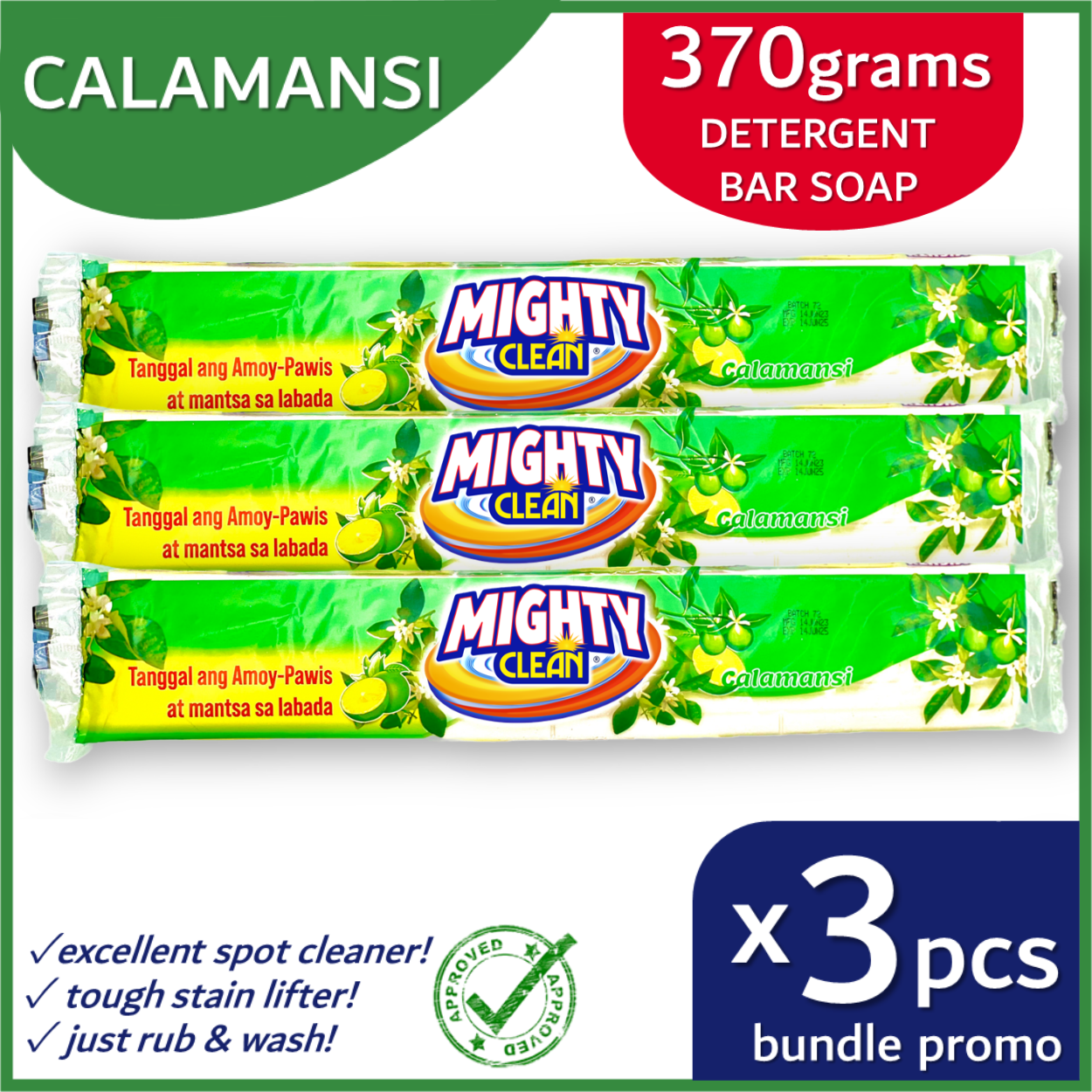 Mighty Clean Laundry Bar Soap Kalamansi Scent Spot Cleaner 400g - 3PCS ...
