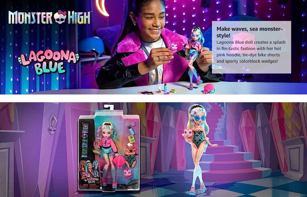 Monster High Fashion Doll Lagoona Signature Look in Colorful Streaked ...
