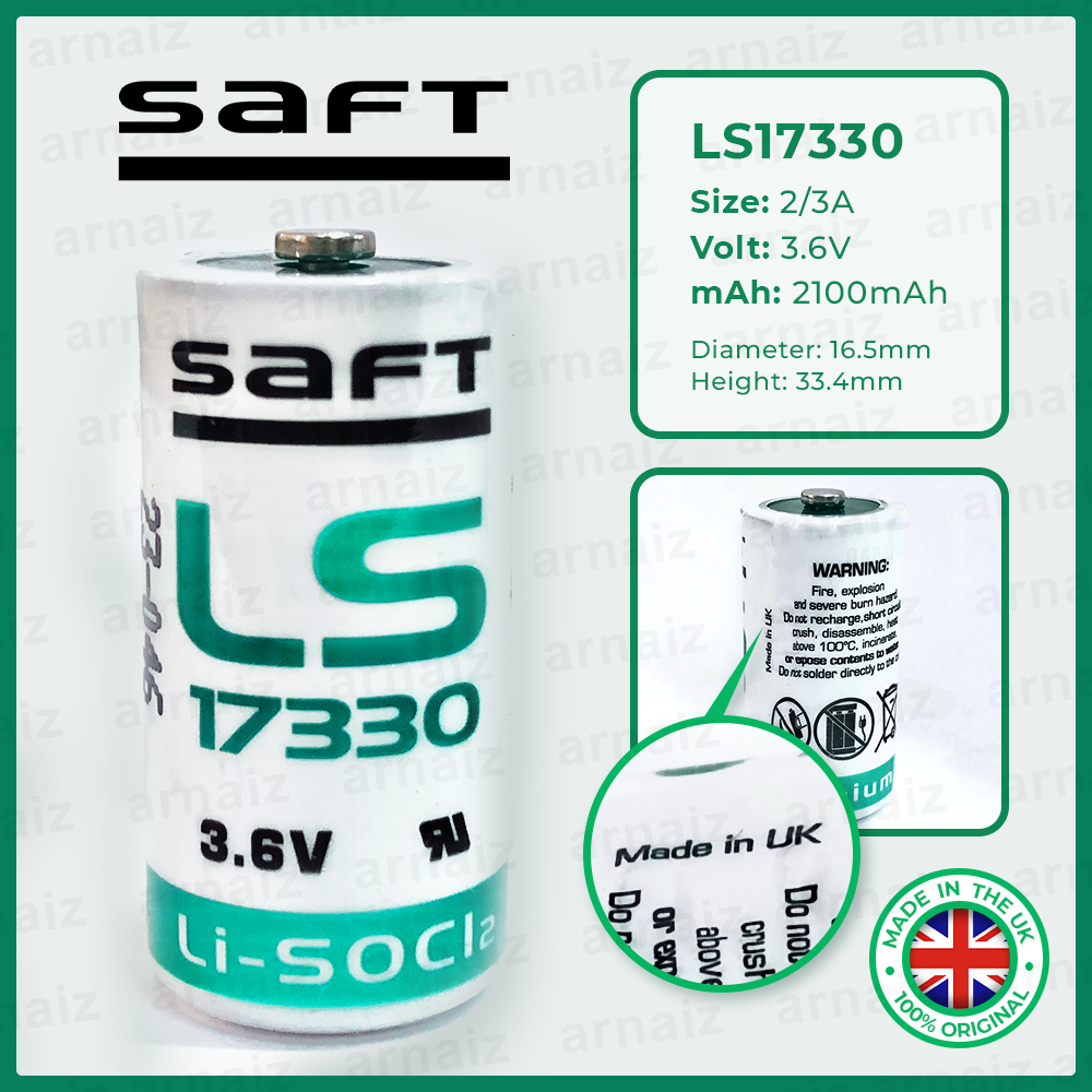 SAFT LS17330 Battery 2/3A Primary lithium-thionyl chloride 3.6v 2100mah ...