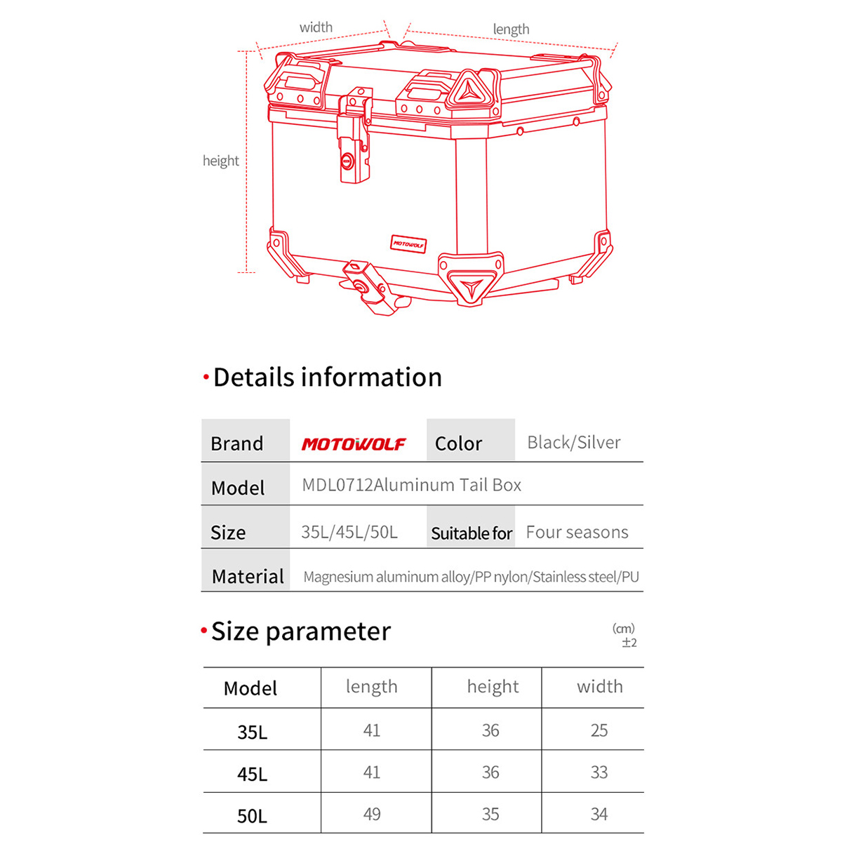MOTOWOLF Aluminium Tail Storage Box Waterproof Top Box Alloy MDL0712 ...