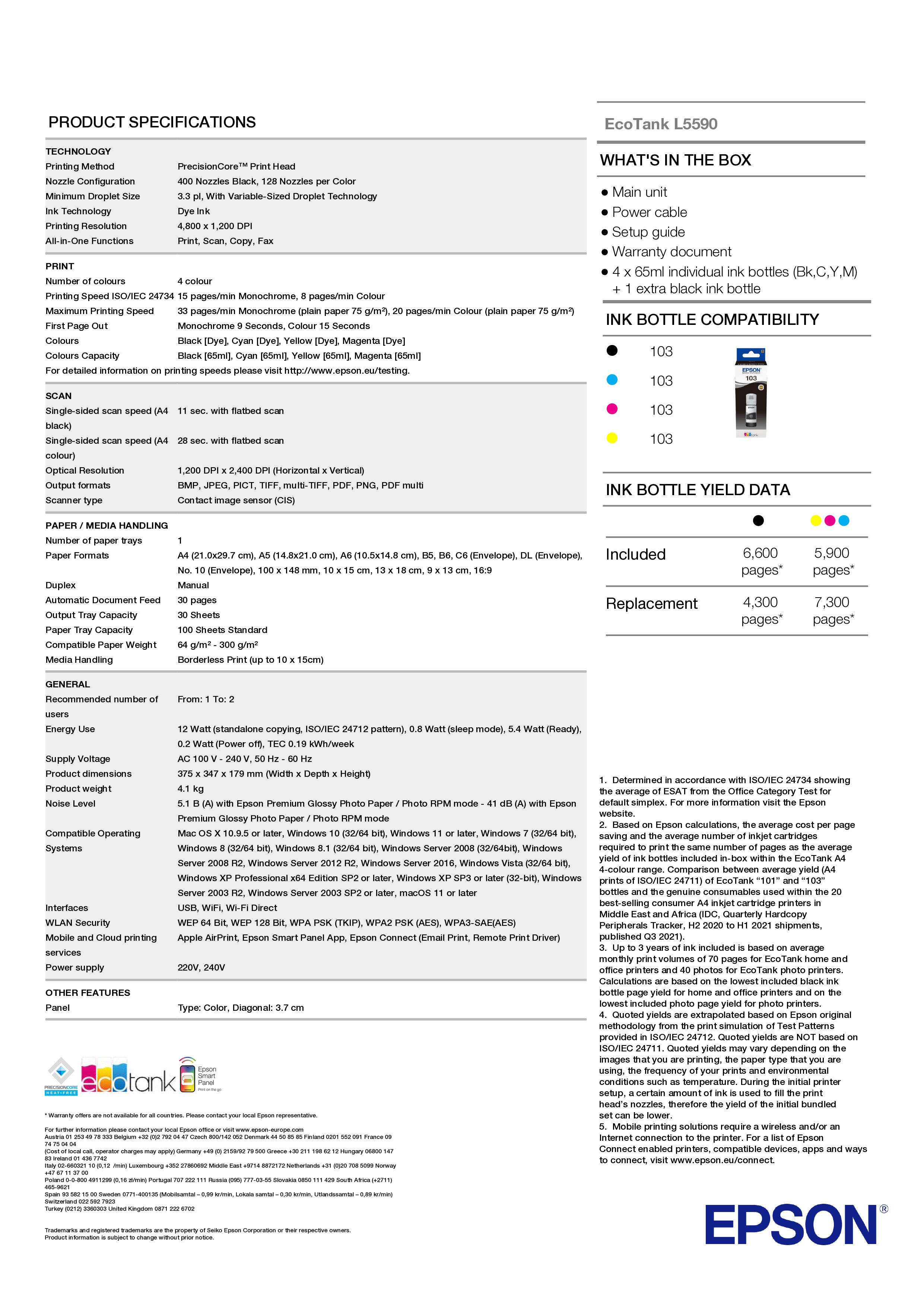 Epson EcoTank L5590 A4 All-in-1 Ink Tank Borderless Colored Printer w/ Print, Scan, Copy, Fax ...
