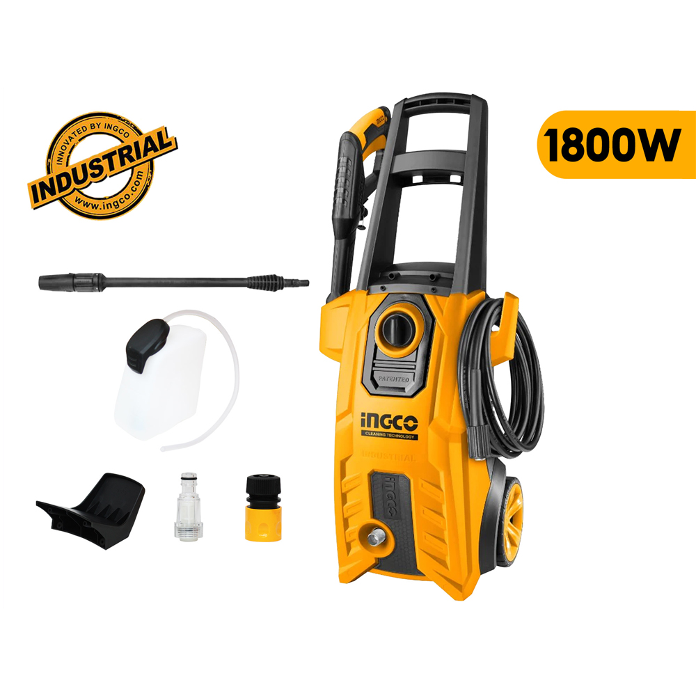 INGCO 1800W Electric High Power Pressure Washer Cleaner w/ Auto Stop System, 5m Hose ...