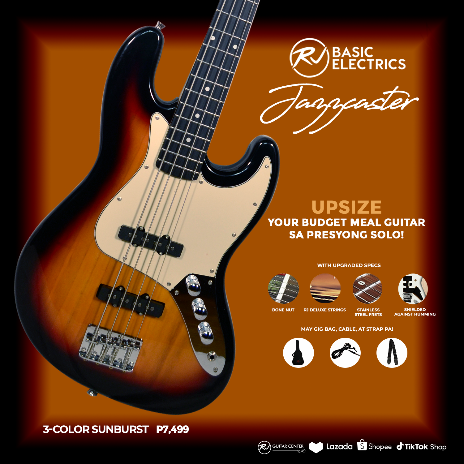 RJ Basic Electrics - Jazzcaster Bass Guitar with Bag, Cable, Strap ...