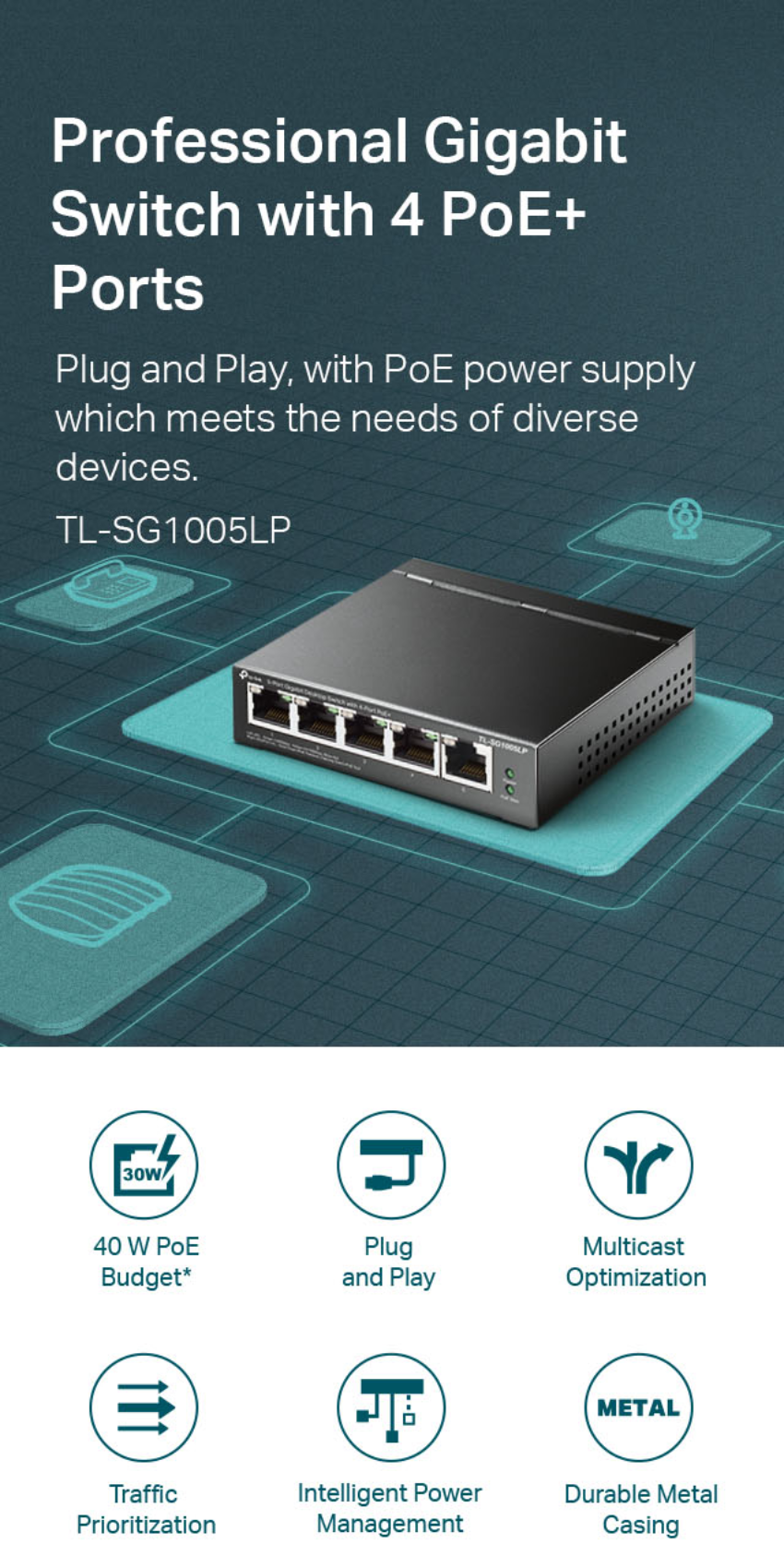 TP-Link | TL-SG1005LP | 5-Port | Gigabit | 4-Port | PoE+ | PoE | Switch ...