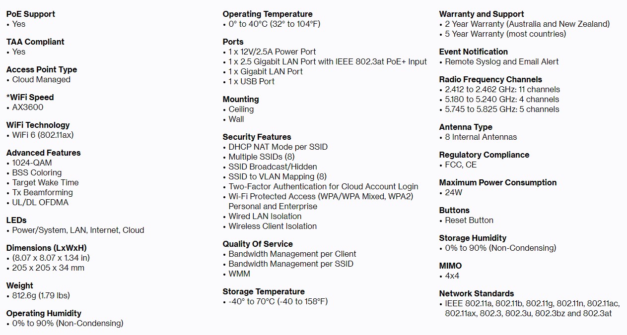 Linksys Business Cloud Managed AX3600 Dual Band Wi-Fi 6 Access Point ...