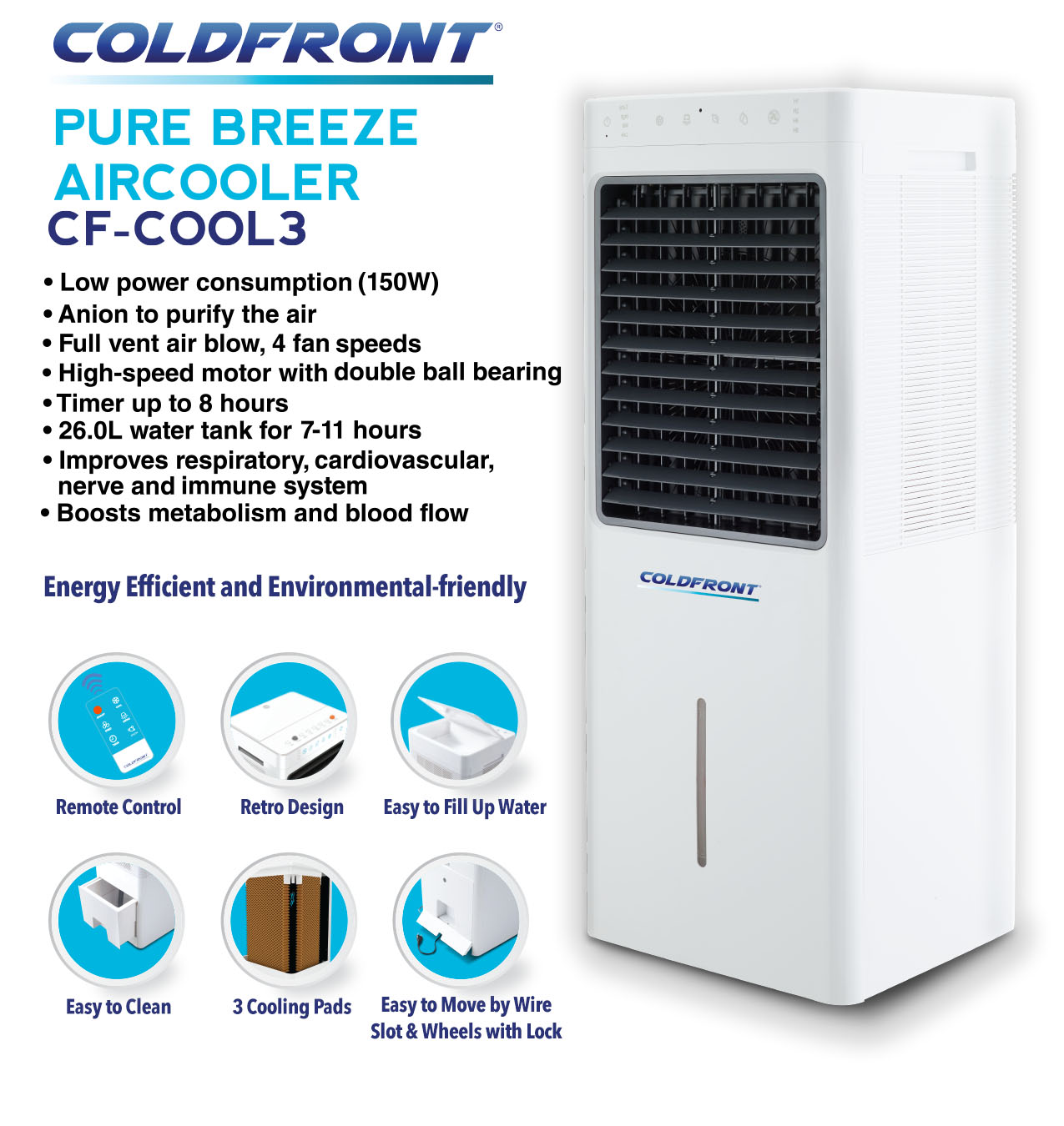 Coldfront by Tough Mama CF-COOL3 Pure Breeze Aircooler with Remote Timer Energy Efficient ...