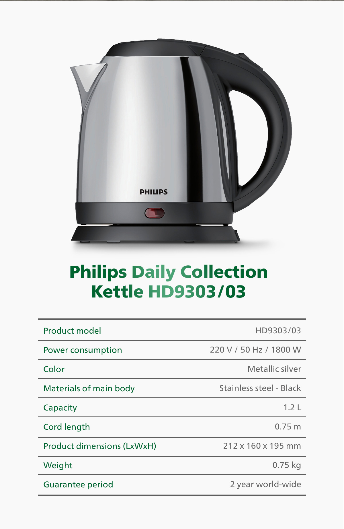 PHILIPS Electric Kettle HD9303/03 1.2L Food grade Stainless Steel ...