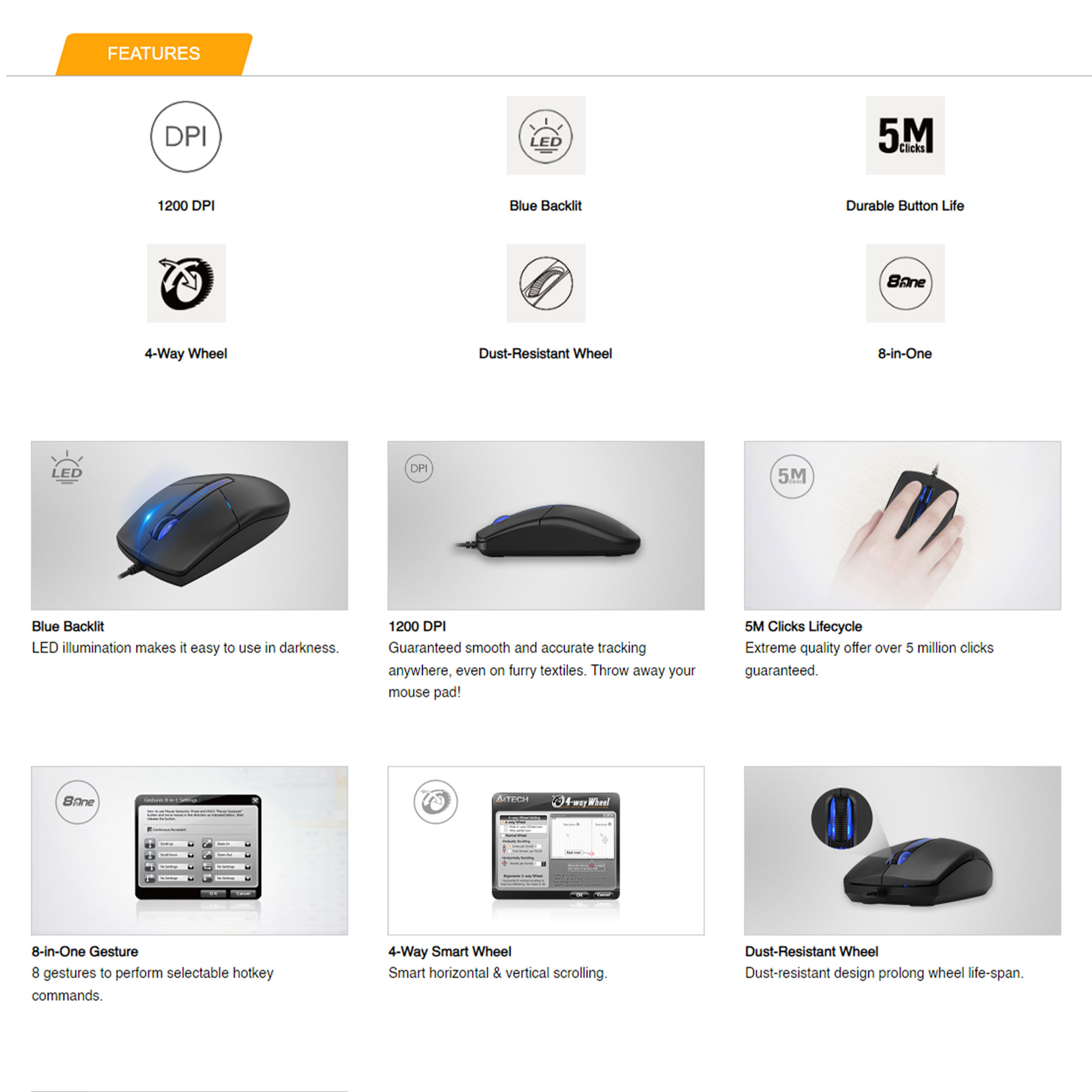 A4Tech N-530 1200 DPI Optical Dust-Resistant Wheel Blue LED Backlit ...