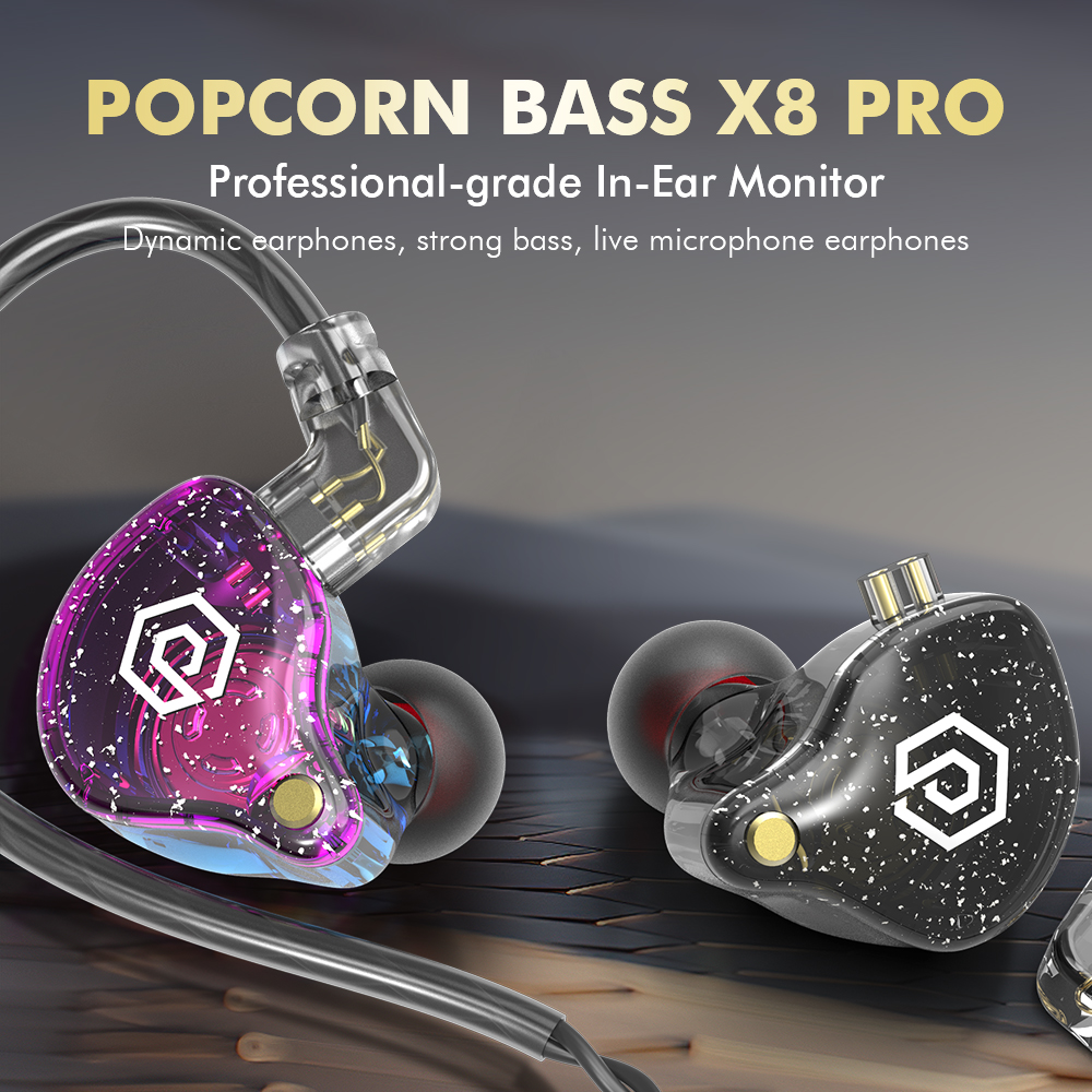 Popcorn Bass X8 Pro Dynamic Earphones Live Stream Hi Fi Bass Earbuds In-Ear Monitor Removable ...