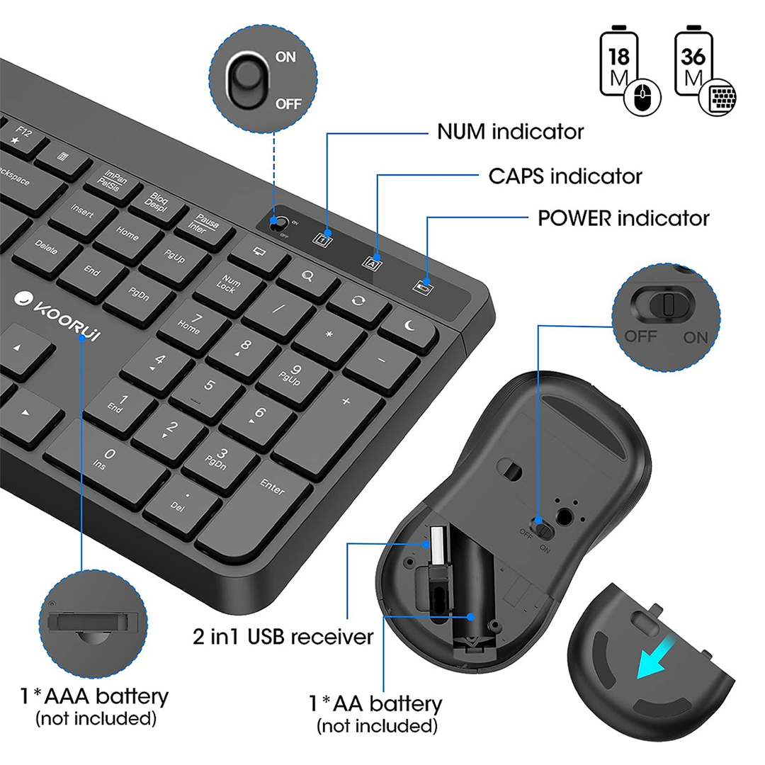 KOORUI BK0104 Wireless Keyboard and Mouse Combos, 2.4G Silent Full Size Keyboard 3DPI Mouse ...