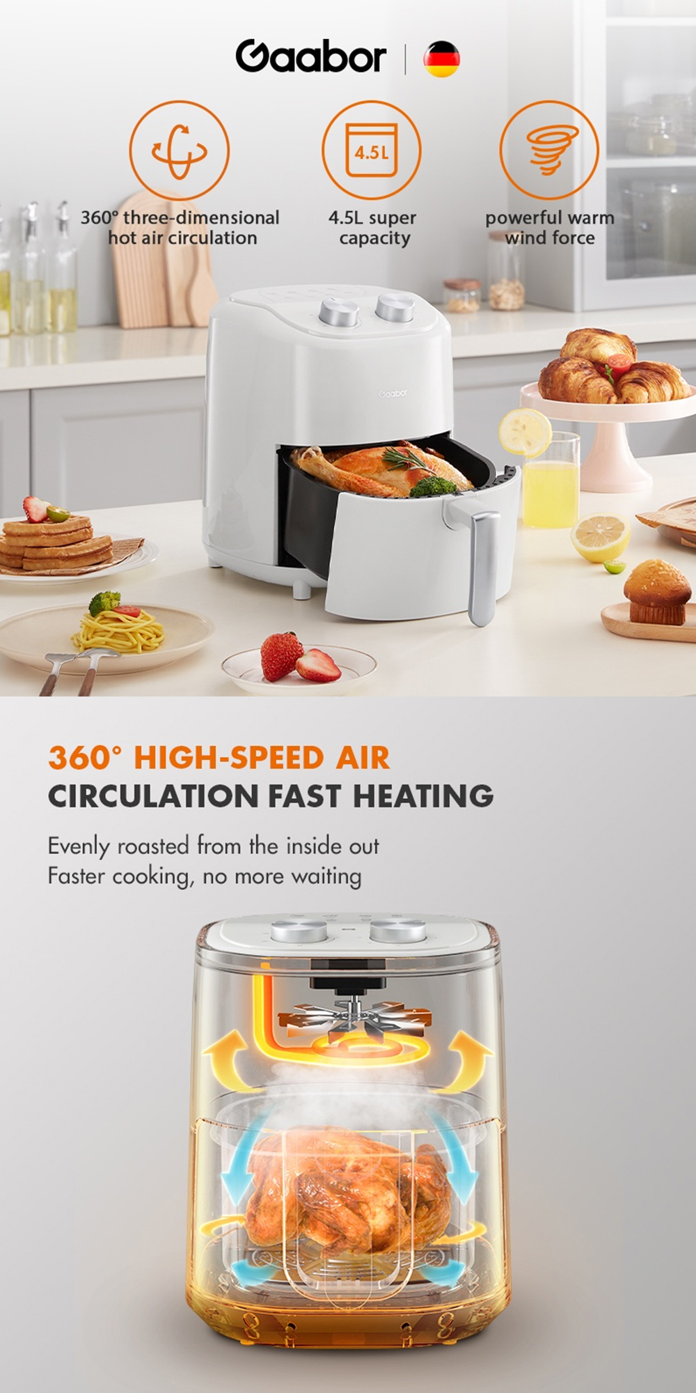 Gaabor GA-M4A01 Air Fryer | 4.5L Super Capacity | Powerful Warm Wind Force | 360° 3 Dimensional ...