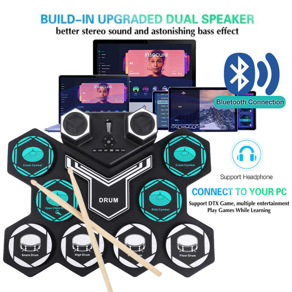 RIXTON Portable Electronic Drum Digital Roll-up Digital Drum Set ...