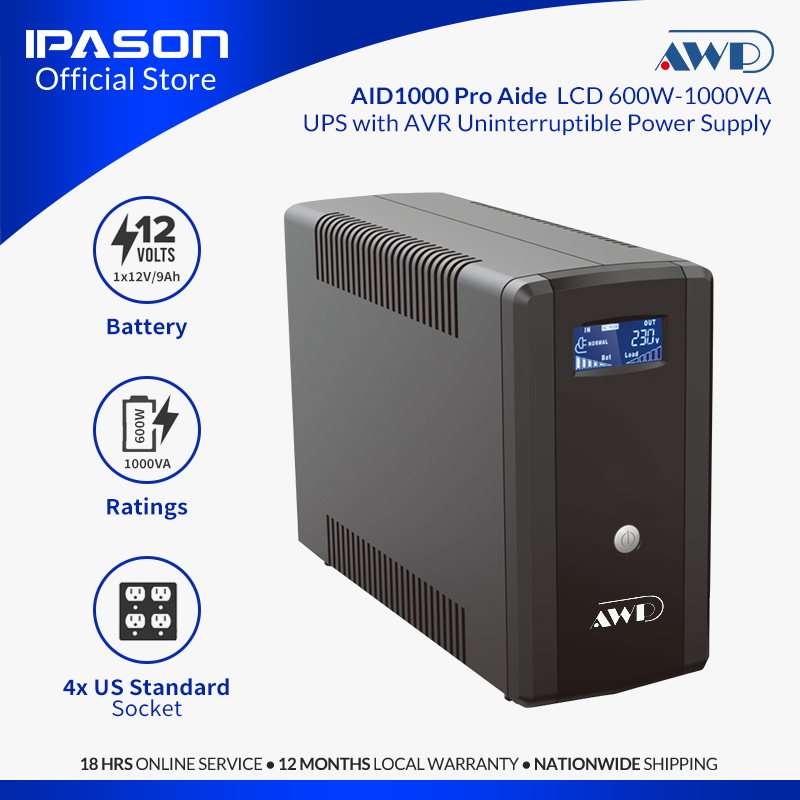 AWP AID1000 Pro Aide LCD 600W-1000VA UPS with AVR Uninterruptible Power Supply (4 Sockets ...