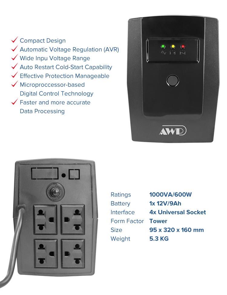 Ipason AWP AID1000 Aide 600W-1000VA UPS with AVR Uninterruptible Power ...