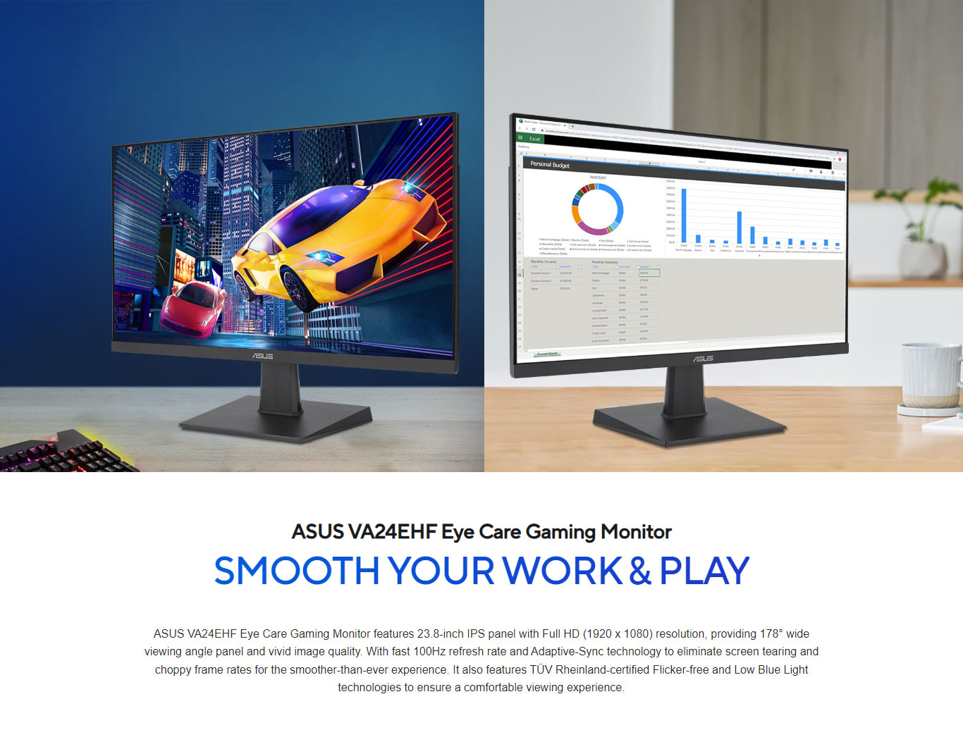 Asus VA24EHF 23.8" FHD 100Hz 1ms IPS Technology Eye Care Wall Mountable ...