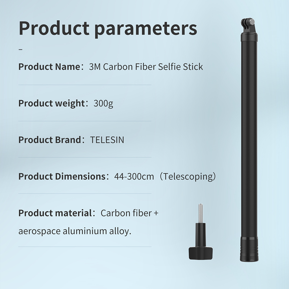 TELESIN 3.0M Carbon Fiber Invisible Stick UltraLongExtendable Monopod ...