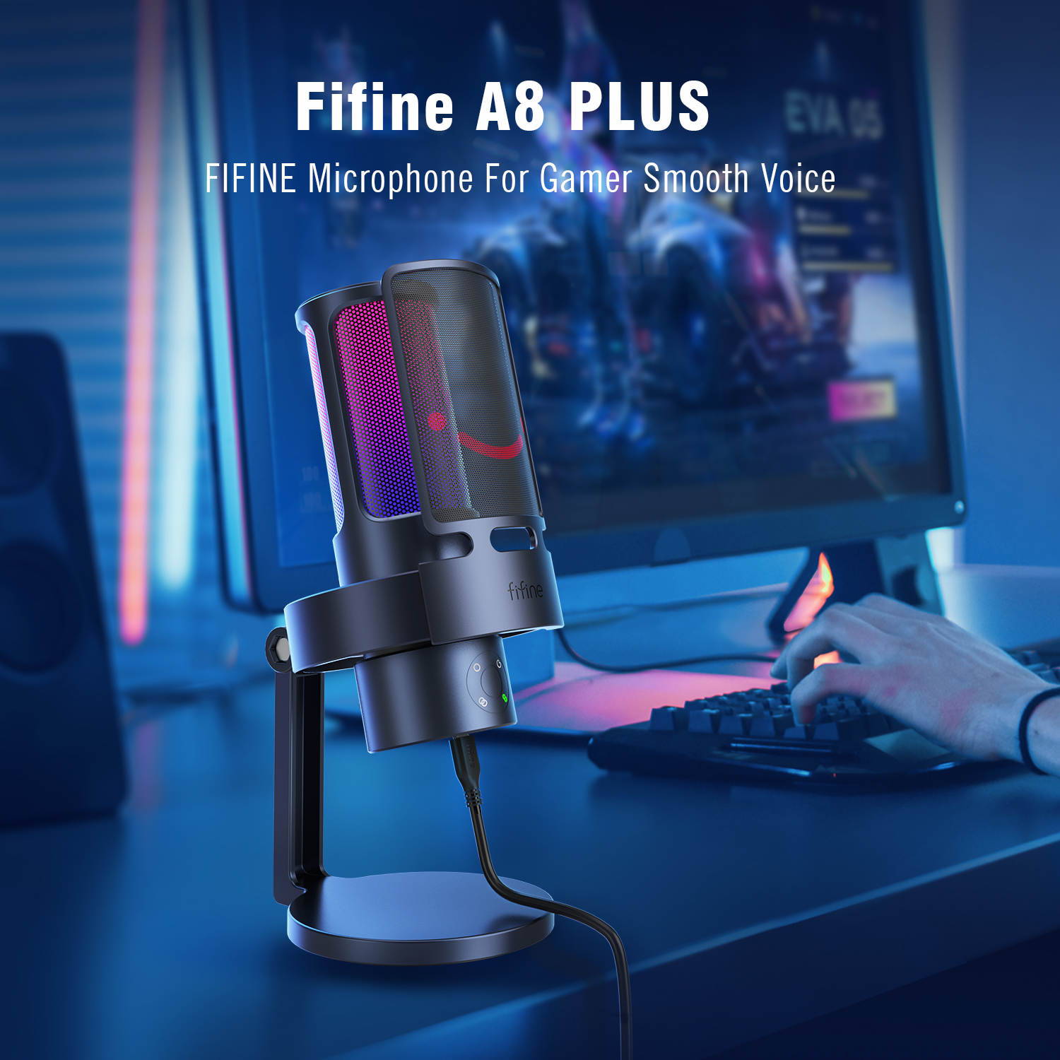FIFINE AmpliGame A8 Plus Gaming RGB Condenser USB Microphone, PC Computer Mic with 4 Polar ...