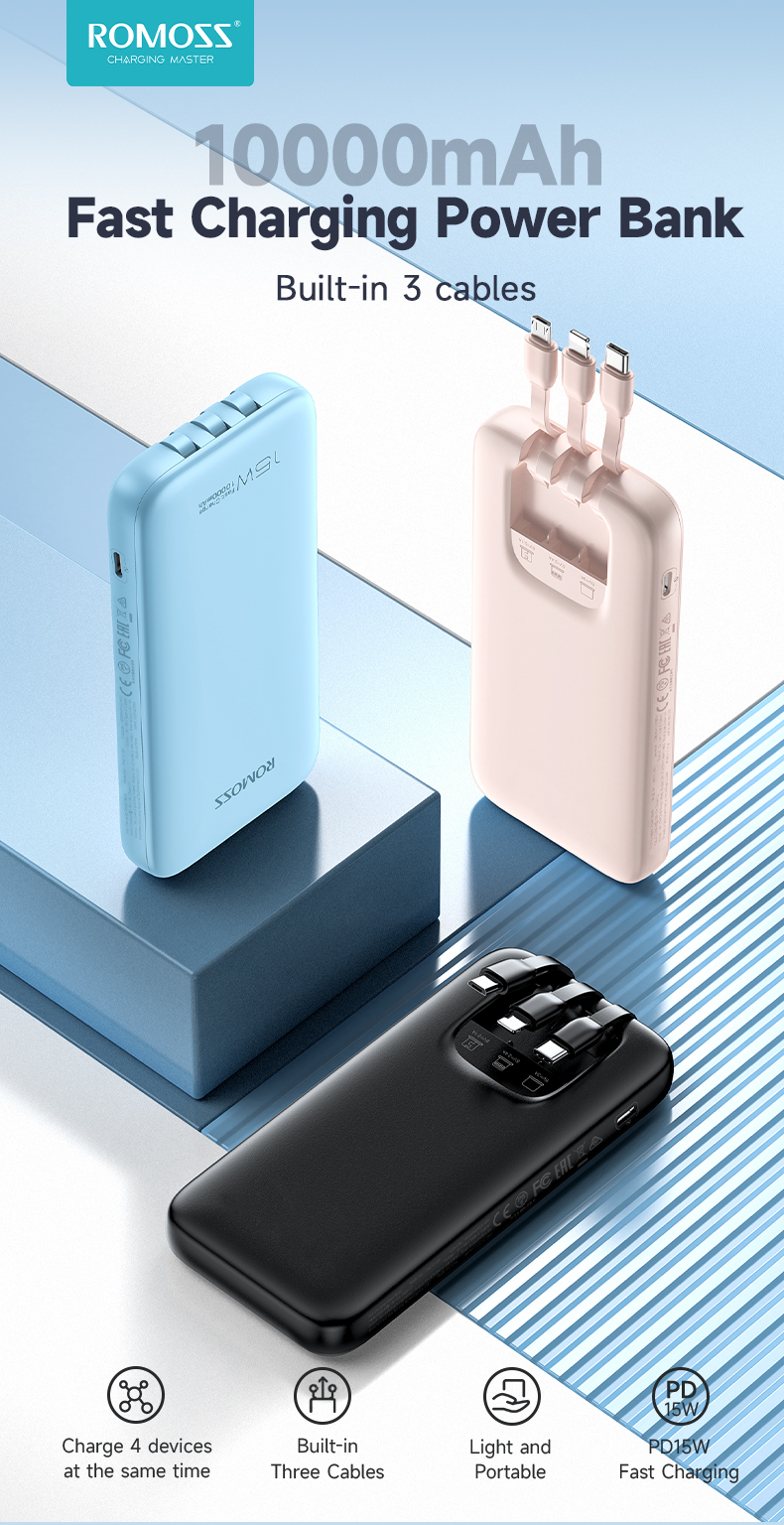 Romoss Phc10 10000mah Powerbank Built-in Cable 15W Fast Charging ...