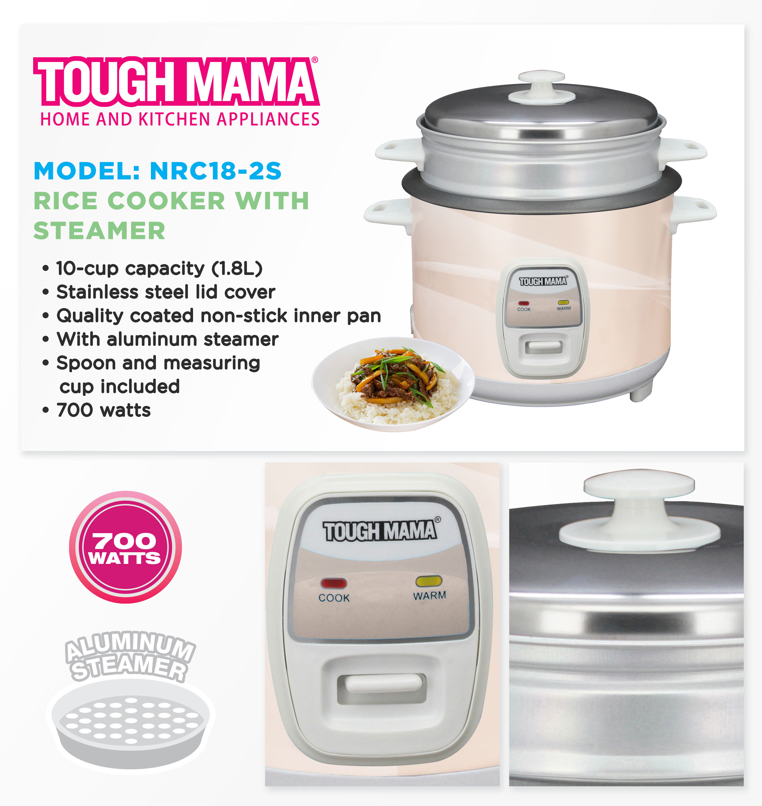 Tough Mama NRC18-2S Light Brown Rice Cooker with Steamer Non-stick 1.8L ...