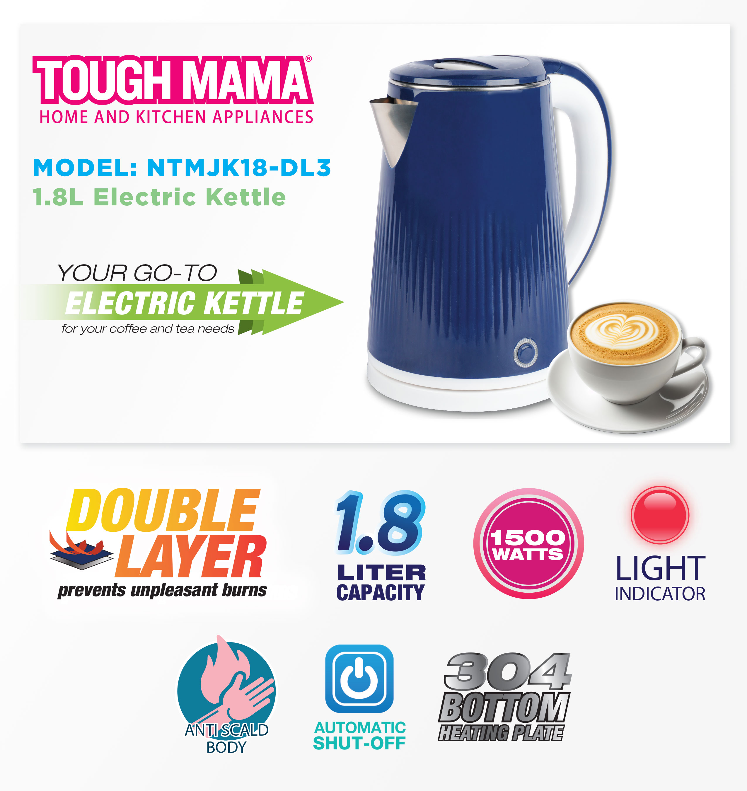 Tough Mama NTMJK18-DL3 1.8L Electric Kettle Double Layer Stainless ...