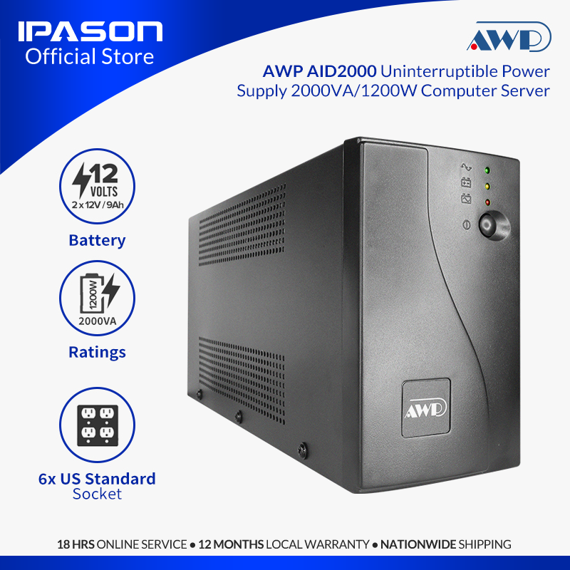 Ipason AWP AID2000 Aide 1200W-2000VA UPS with AVR Uninterruptible Power Supply (6 Sockets ...