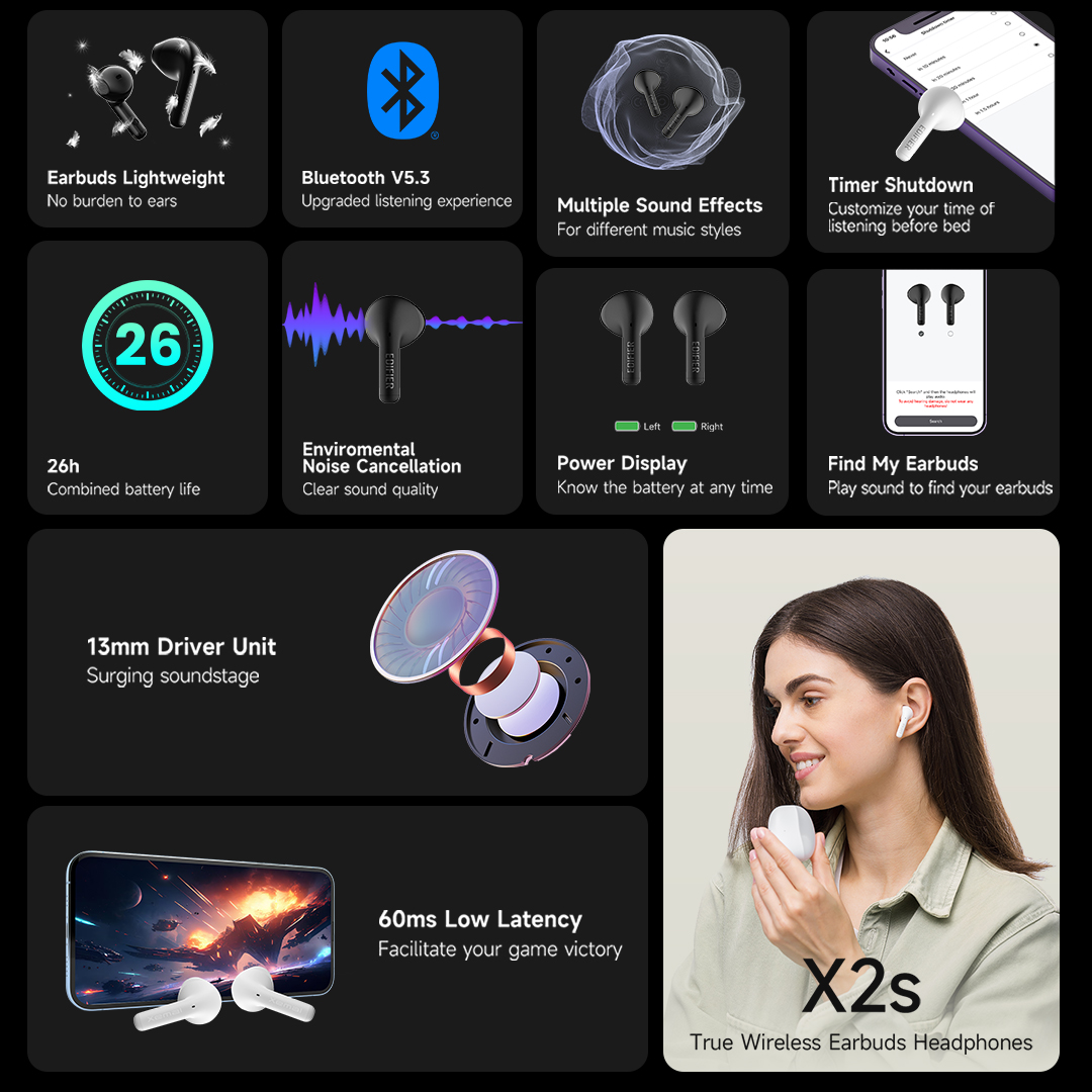 X2S Headphone Bluetooth 5.3 / IP54/ USB-Type C/Music Playback 24h ...