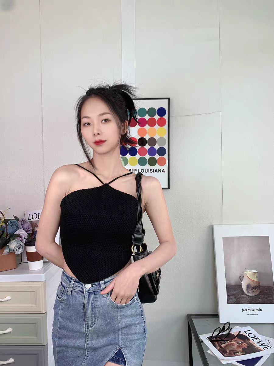 French Neck Hanger Sling Women Backless Back Lace Up Knitted Solid ...