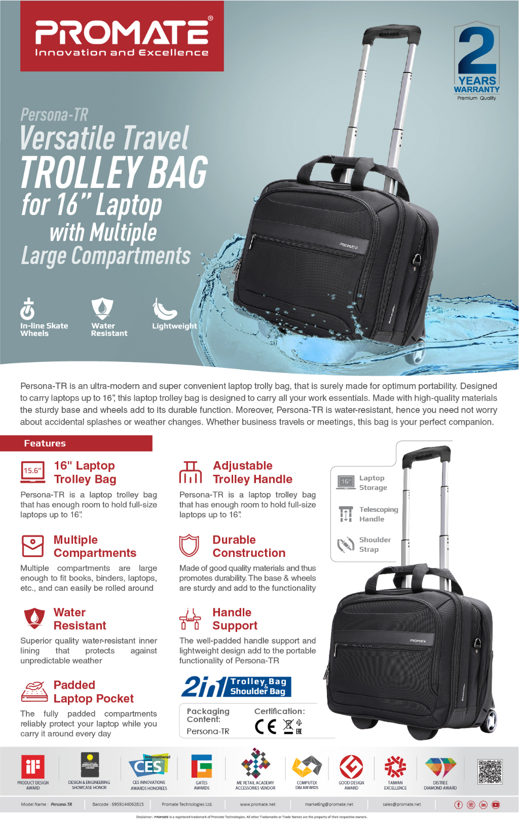 Promate Persona-TR Versatile Travel Trolley Bag for 16” Laptop with ...