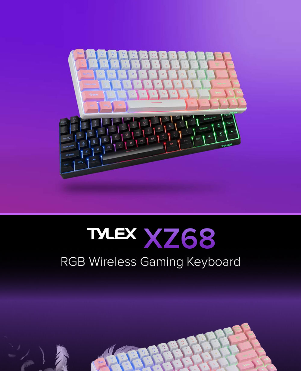 Tylex XZ68 Membrane RGB Backlit Wireless Rechargeable Gaming Keyboard ...
