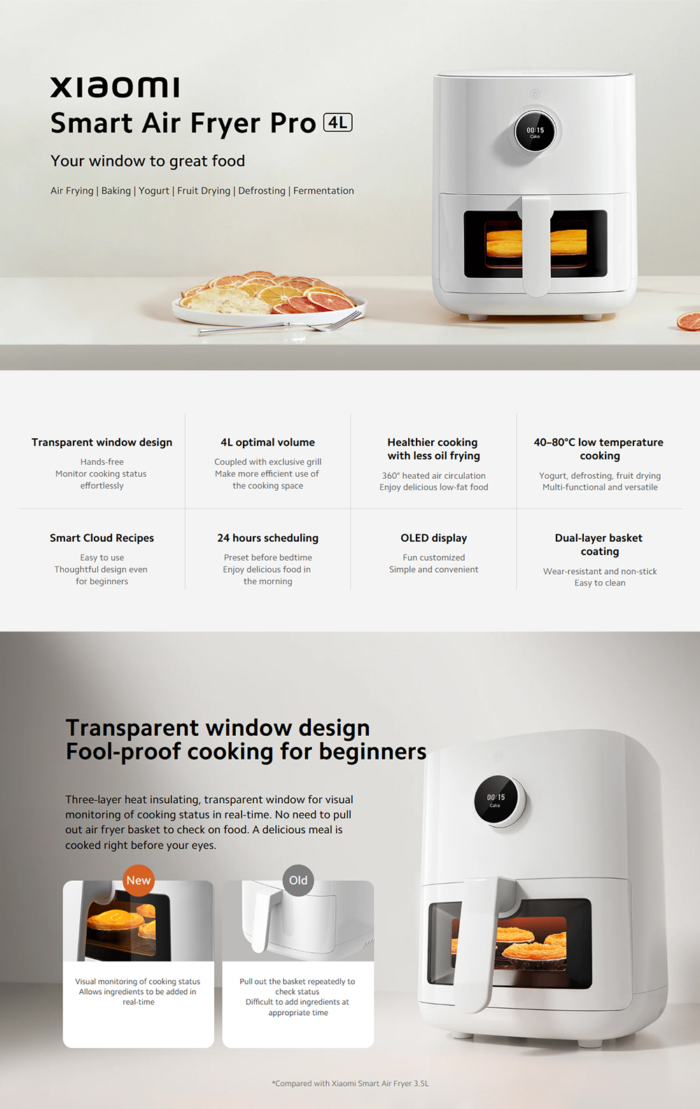 Xiaomi Smart Air Fryer Pro 4L | 1600W Rated Power | Transparent Window Design | OLED Display ...