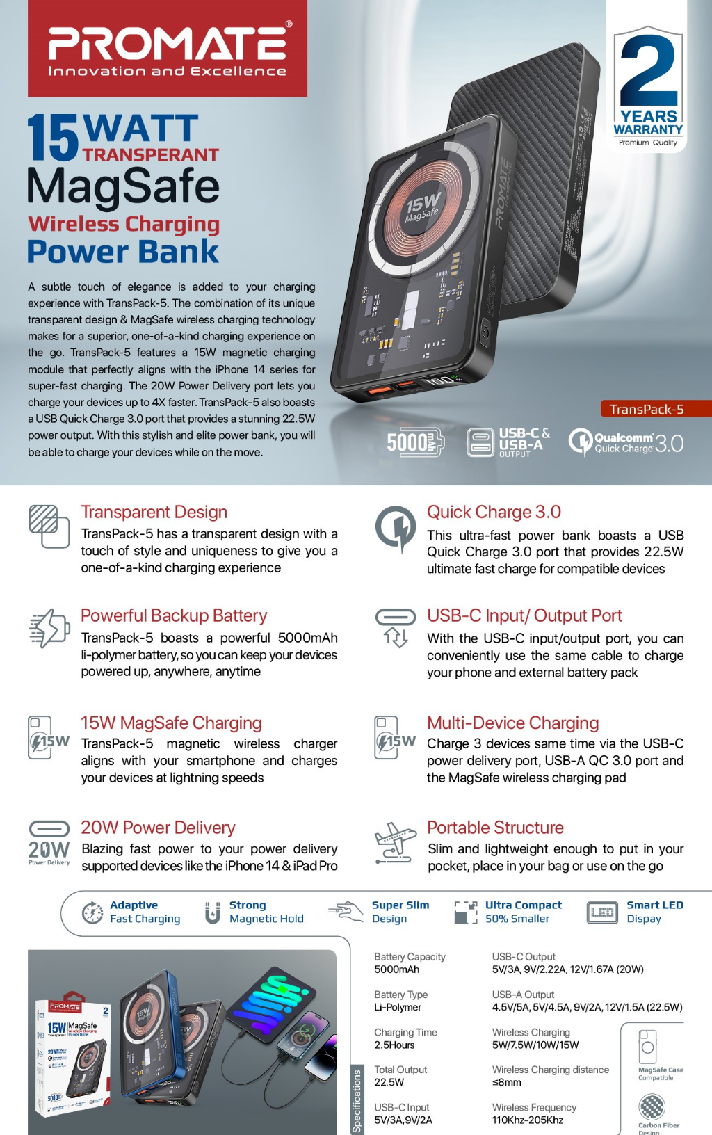 Promate TransPack-5 Transparent 15W MagSafe Wireless Charging Powerbank ...