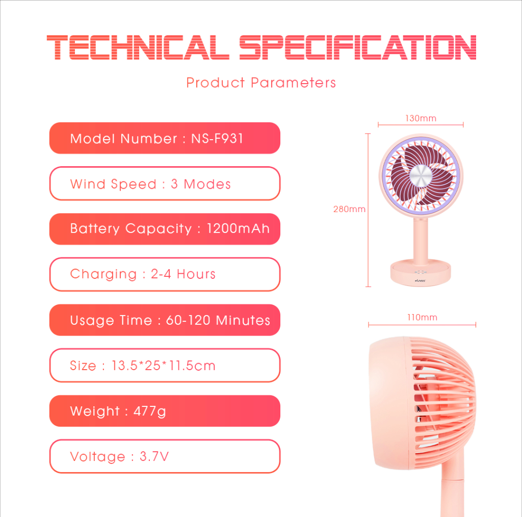 NSS Electric Desk Fan Mini Fan Rechargeable USB Portable Desktop Fan 3 ...