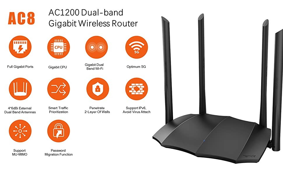 Tenda AC8 AC1200 Dual Band Gigabit Wifi Router | Wireless Extender | MU-MIMO | Wall Penetrating ...