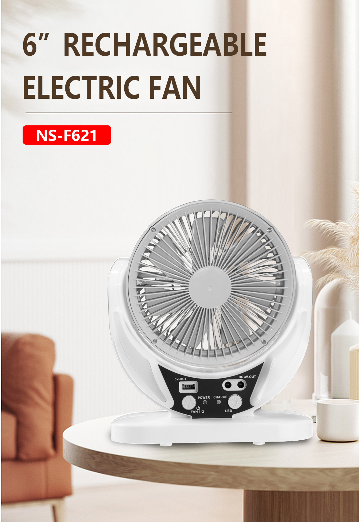 NSS 6" rechargeable desk fan with LED light, 3-speed adjustable 3500mah ...