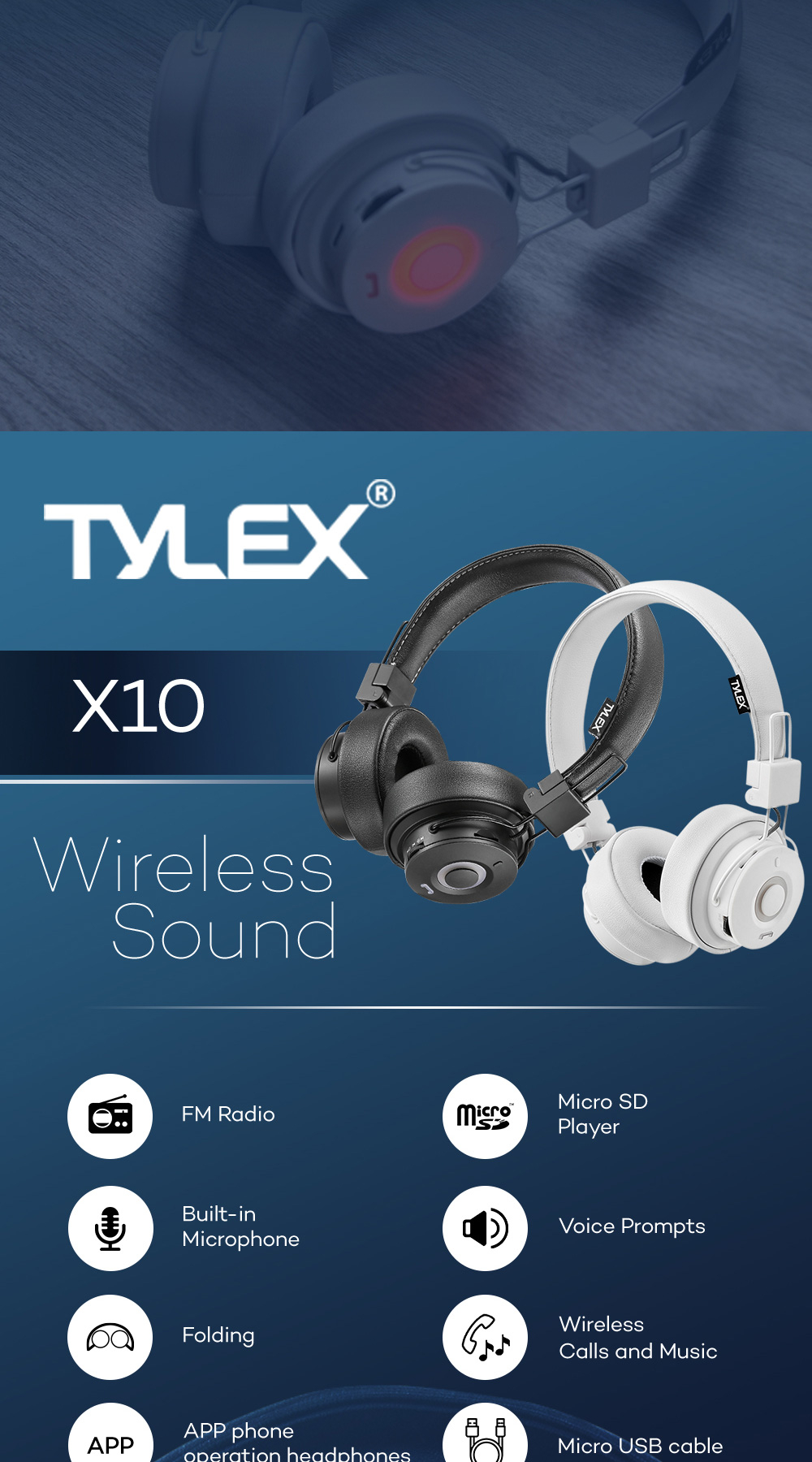 TYLEX X10 Wireless Headset with Built-in Microphone/FM Radio/TF Card ...
