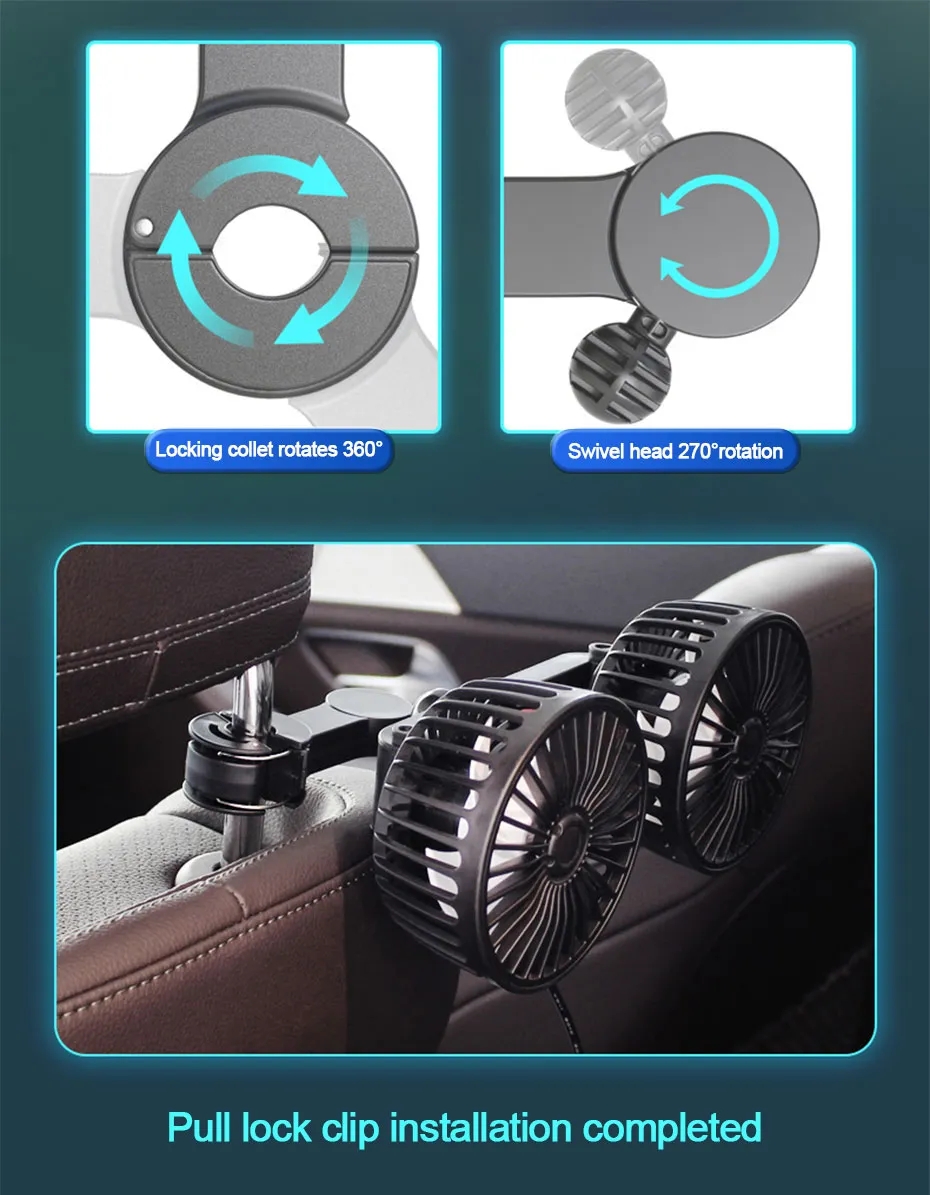 SEAMETAL Car Rear Fan 360 Degrees USB Double-headed Fans 3 Speeds Wind ...