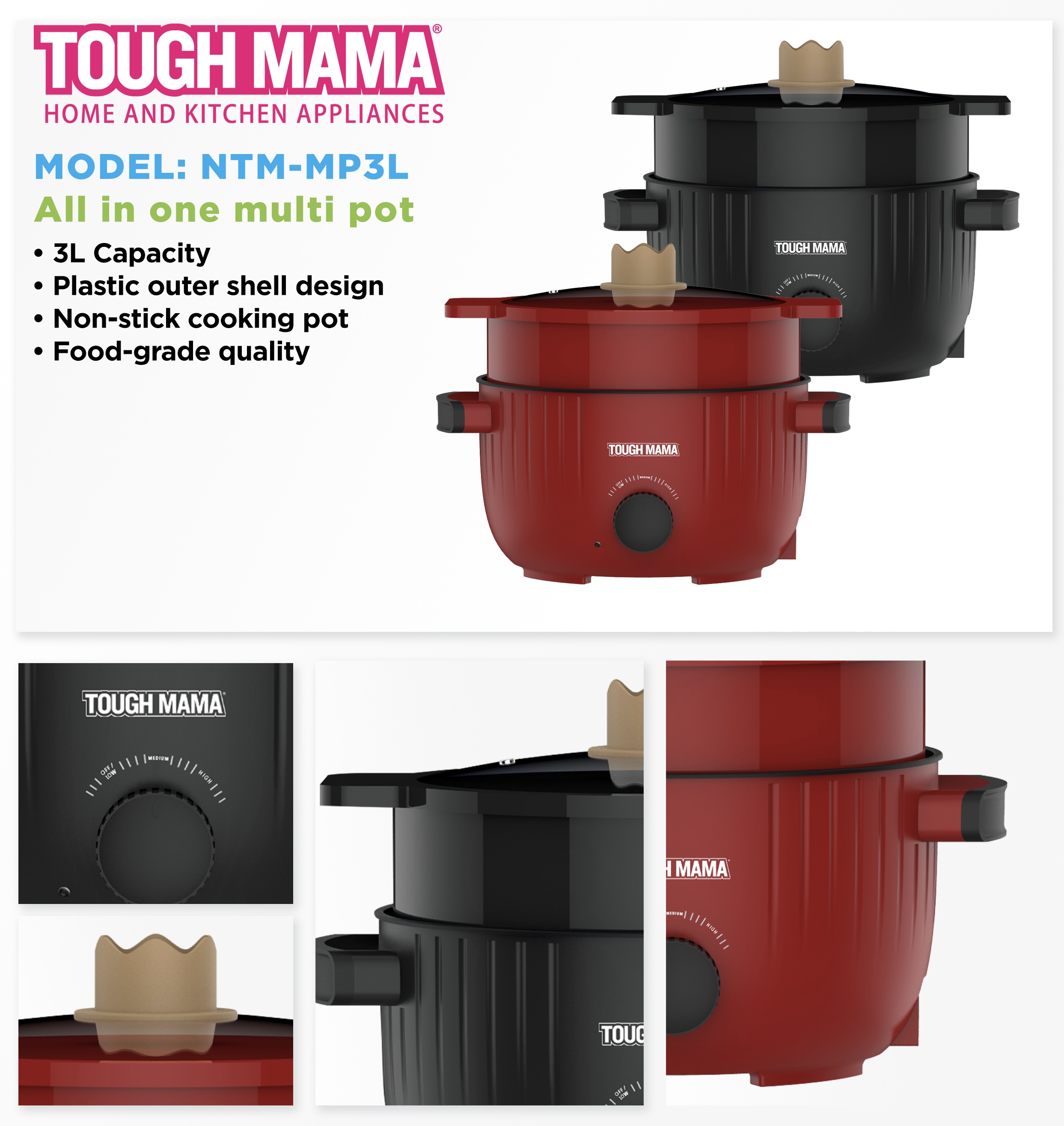 Tough Mama NTM-MP3L All IN ONE MULTIPOT Multicooker Non-stick Electric ...