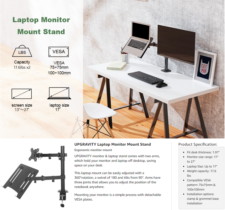 Inplay KMT-4 Monitor Stand With Laptop Tray Dual Arm Desk Mount Fully Adjustable Monitor Mount ...
