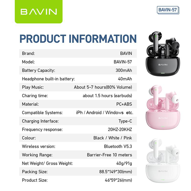 BAVIN BA57 TWS Wireless Bluetooth Earbuds HiFi Stereo Audio Sound w ...