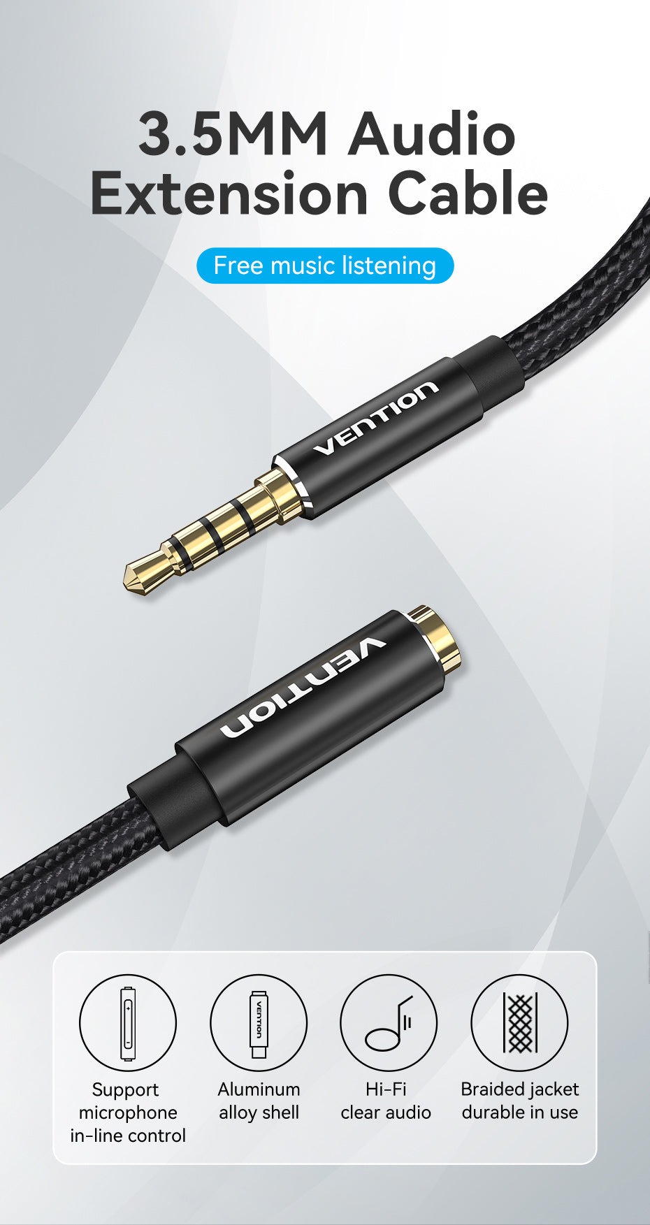 Vention 3.5mm Male to Male Hi-Fi Audio Cotton Braided AUX Cable (Colors ...