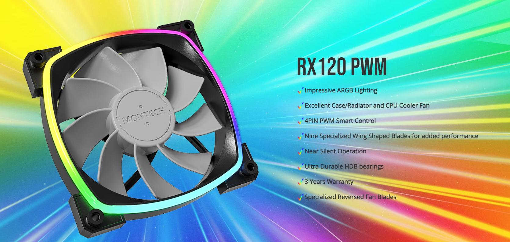 Montech RX120 PWM ARGB Fan / Computer Fan Reversed Fan Blades 120mm 4 ...