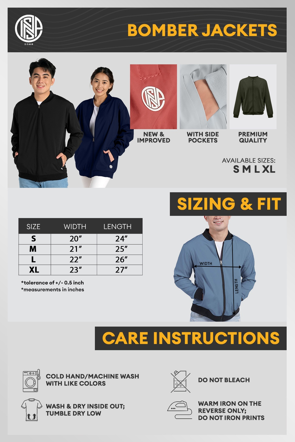 COLLAB by Inspi Plain Bomber Jacket with Full Zipper Closure and Side ...