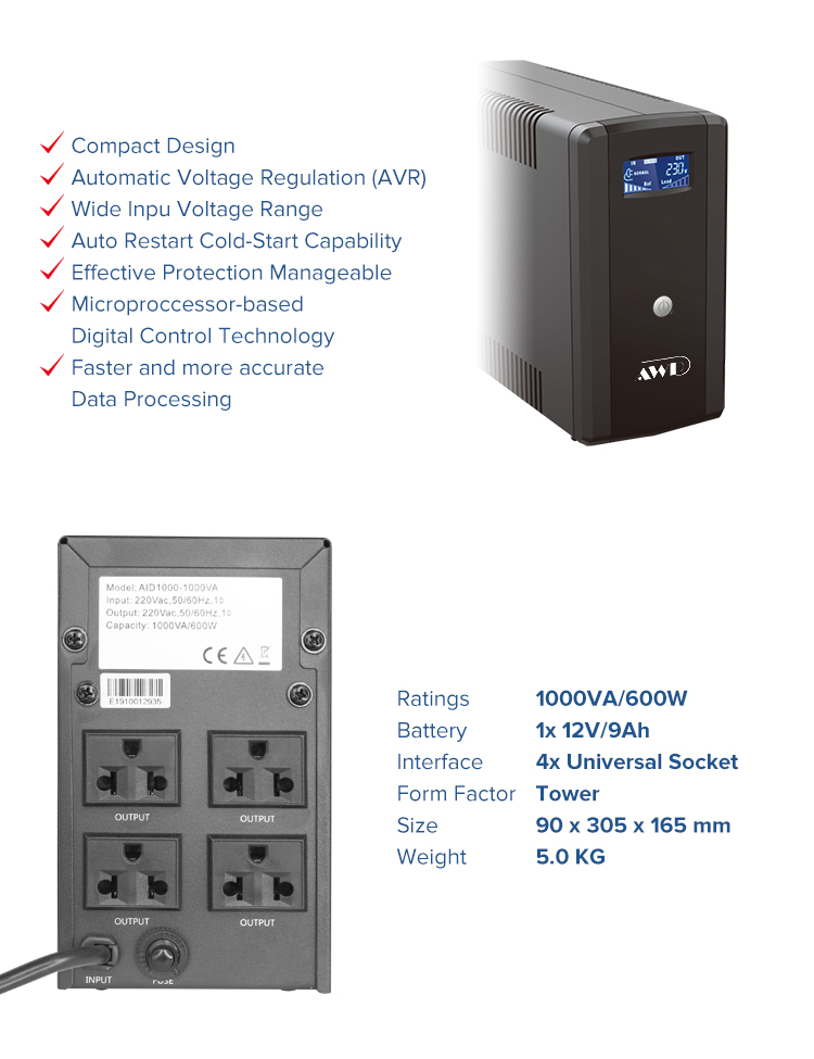 AWP AID1000 Pro Aide LCD 600W-1000VA UPS with AVR Uninterruptible Power ...