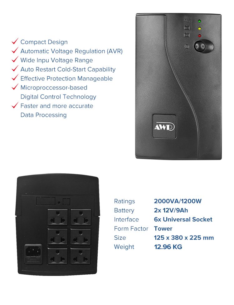 Ipason AWP AID2000 Aide 1200W-2000VA UPS with AVR Uninterruptible Power ...