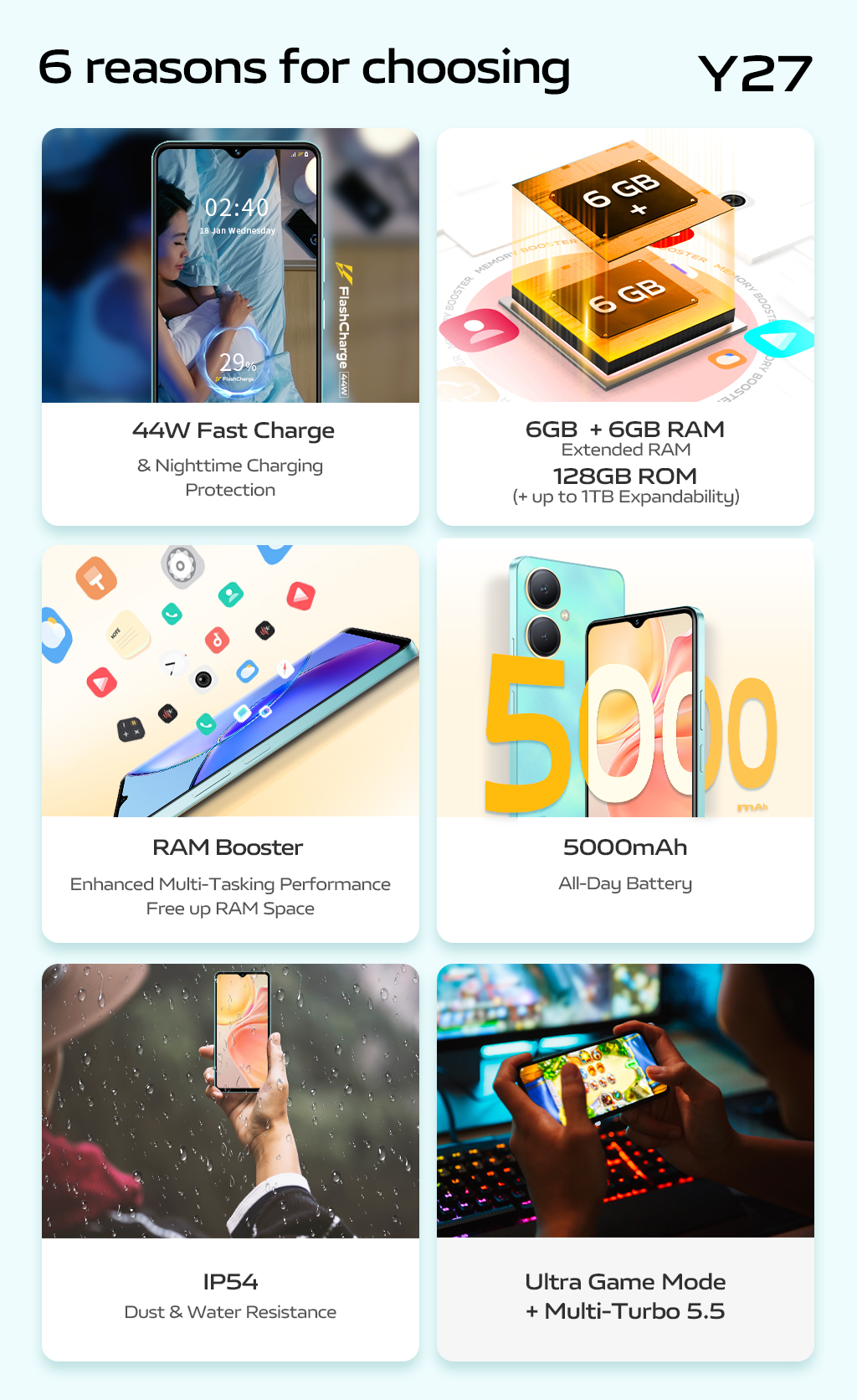 vivo Y27 cellphone 44w fast charge 6GB+6GB RAM 128GB ROM Gaming phone 5000mAh battery smartphone ...