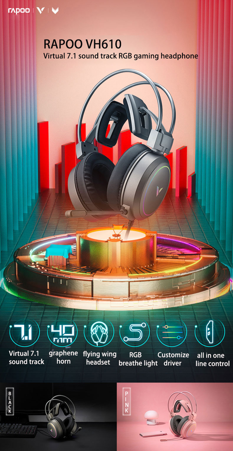 Rapoo VH610 Virtual 7.1 Channels HIFI Gaming Headset RGB Headphone with Mic for PC/Laptop ...