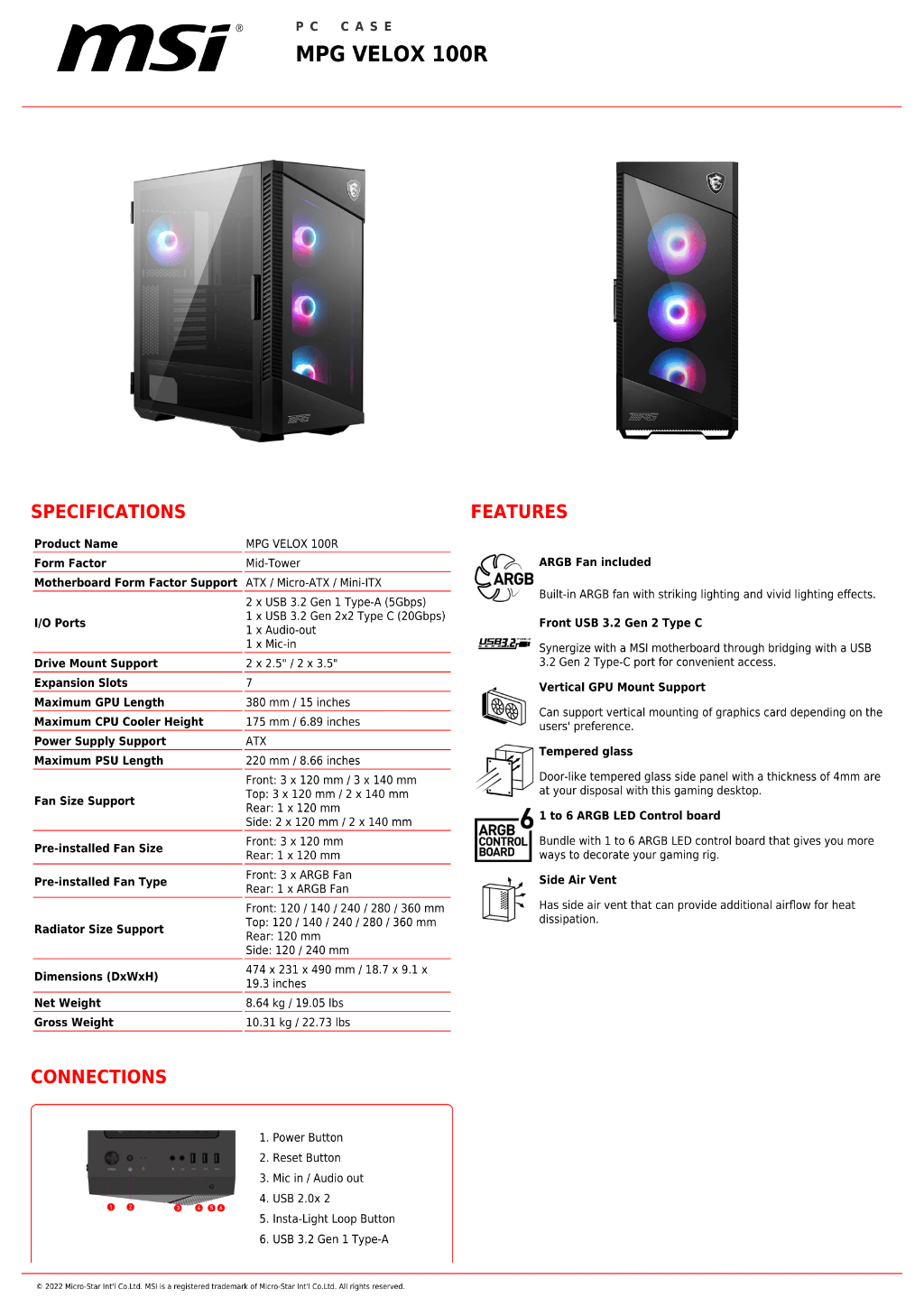 MSI MPG Velox 100R Mid-Tower ATX Gaming Desktop Casing - 4 ARGB Fans ...